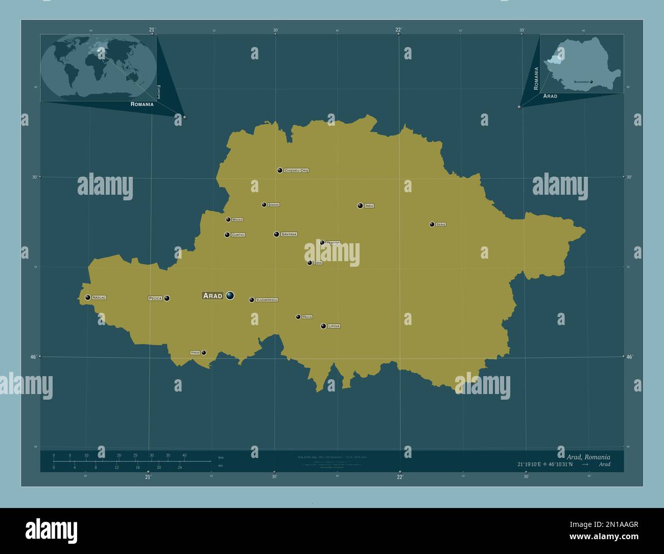Arad, county of Romania. Solid color shape. Locations and names of ...