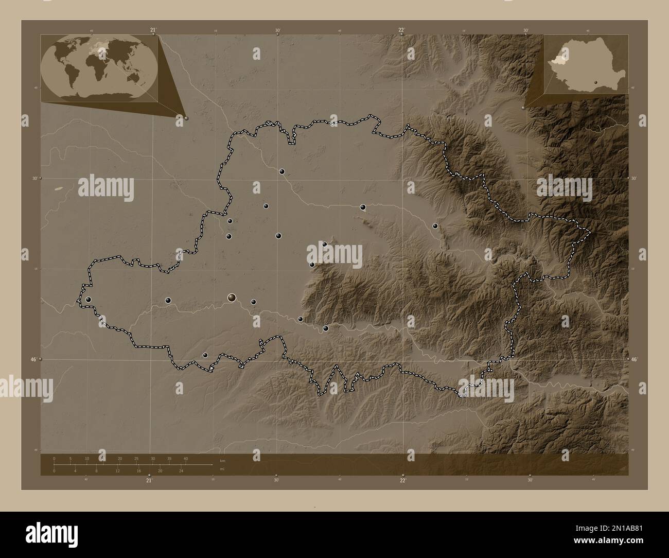 Arad, county of Romania. Elevation map colored in sepia tones with ...