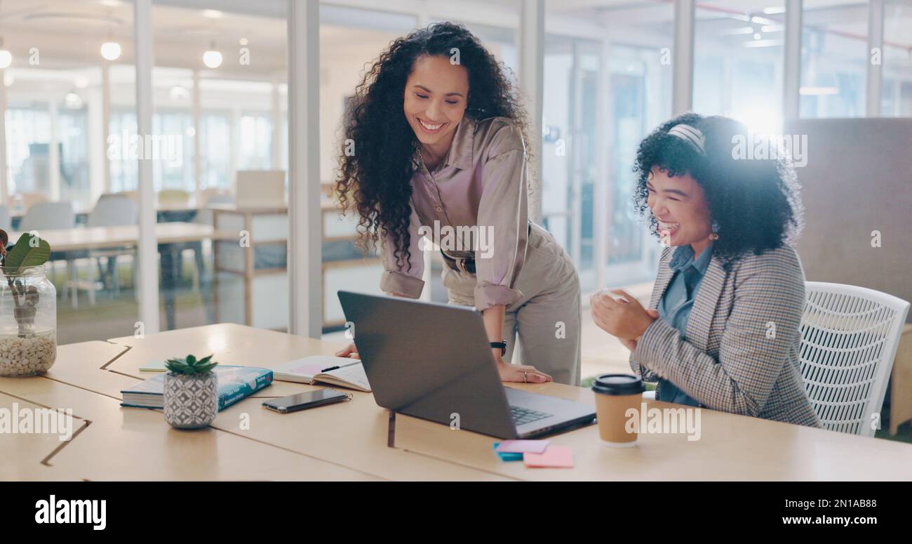 Teamwork, laptop and business people fist bump, applause and success ...