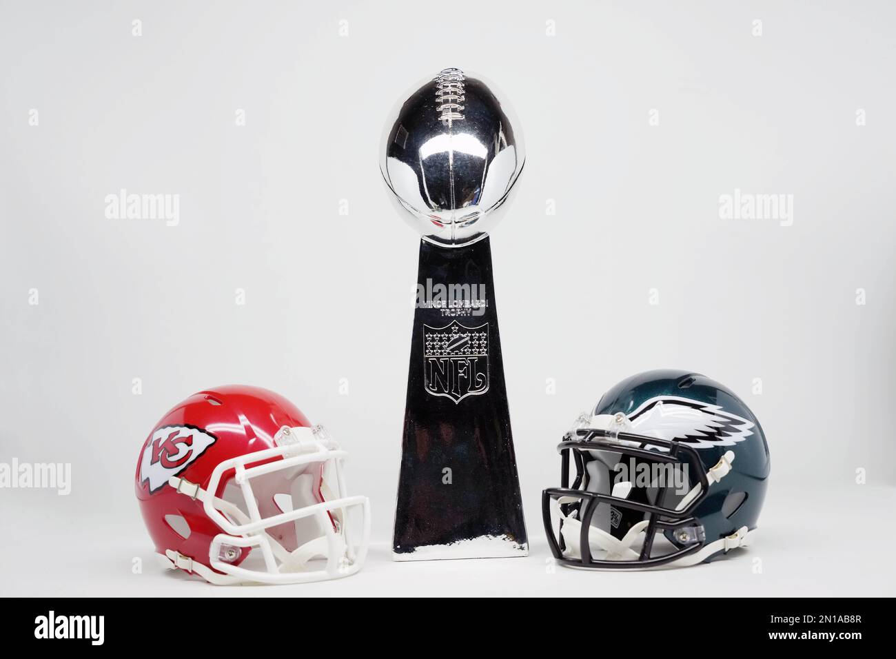 Kansas City Chiefs and Philadelphia Eagles helmets and a Super Bowl ...