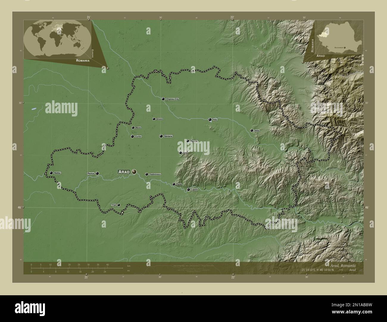 Arad, county of Romania. Elevation map colored in wiki style with lakes ...