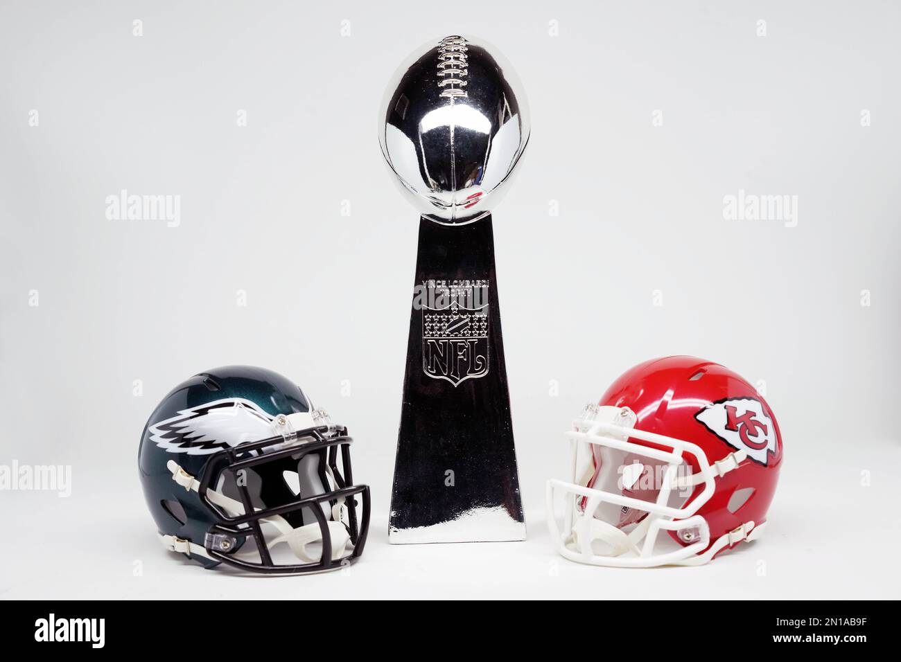 Philadelphia Eagles and Kansas City Chiefs helmets and a Super Bowl ...