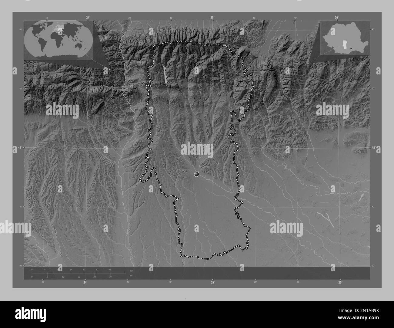 Arges, county of Romania. Grayscale elevation map with lakes and rivers ...
