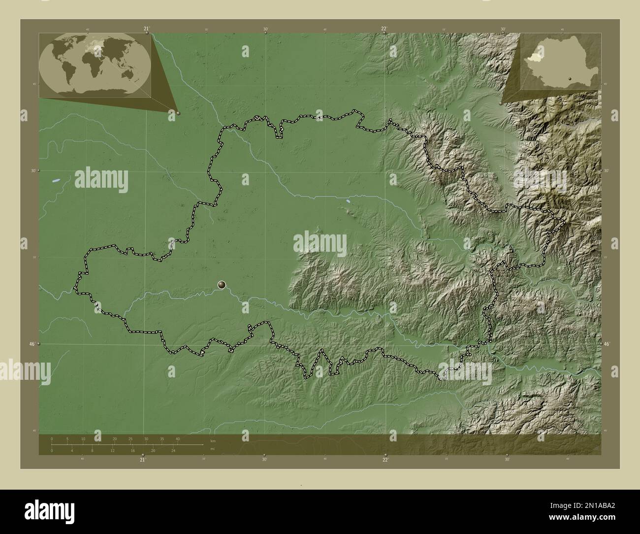 Arad, county of Romania. Elevation map colored in wiki style with lakes ...