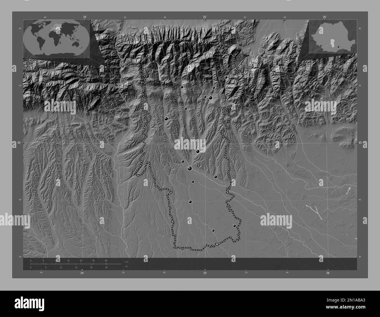 Arges, county of Romania. Bilevel elevation map with lakes and rivers ...