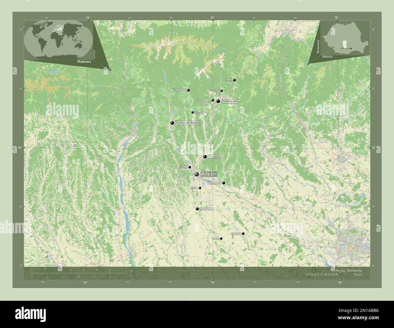 Arges, county of Romania. Open Street Map. Locations and names of major ...