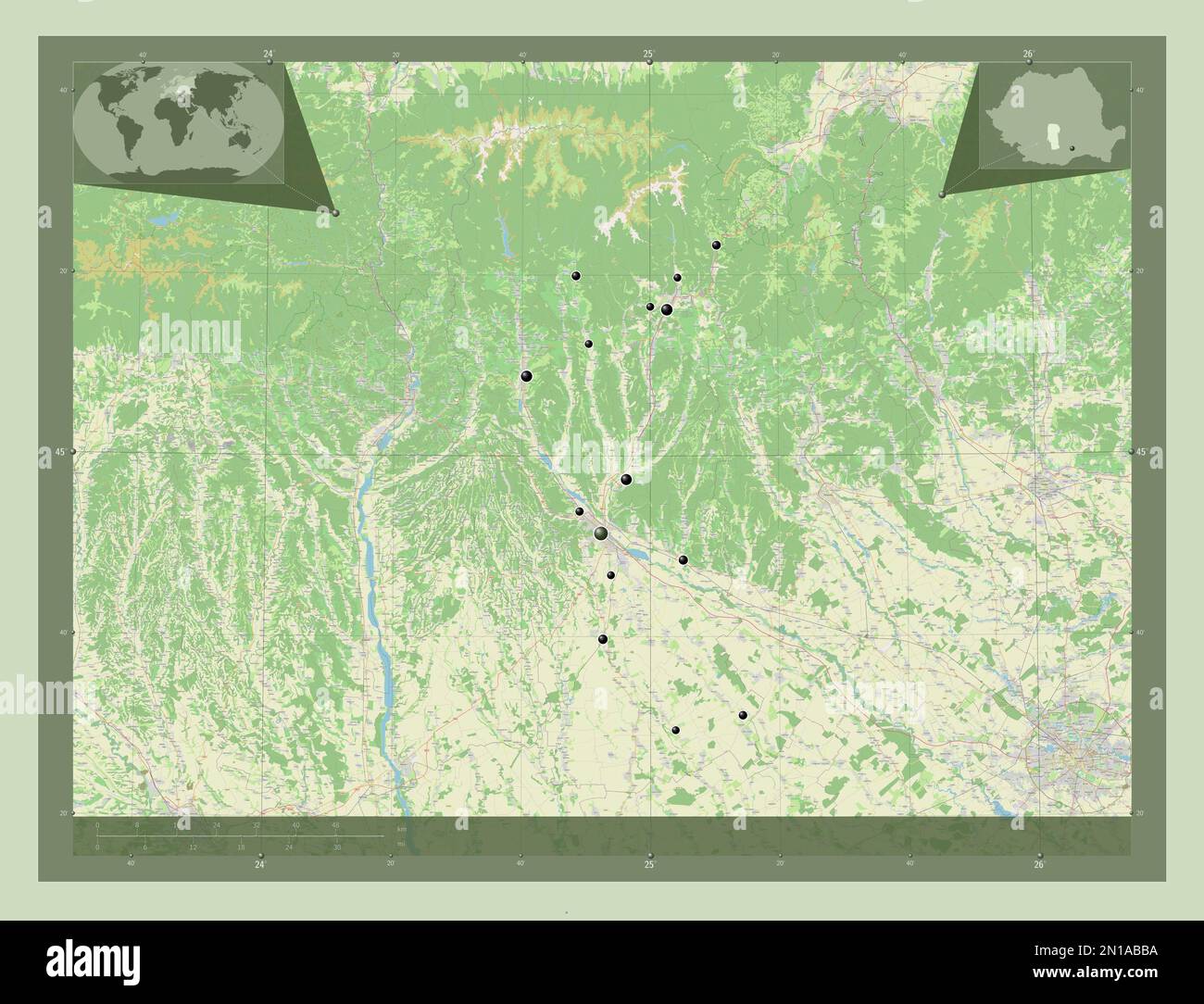Arges, county of Romania. Open Street Map. Locations of major cities of ...
