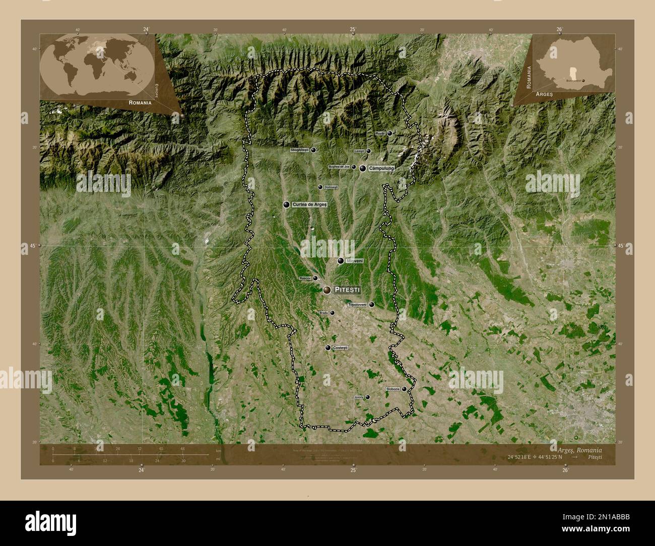 Arges, county of Romania. Low resolution satellite map. Locations and ...