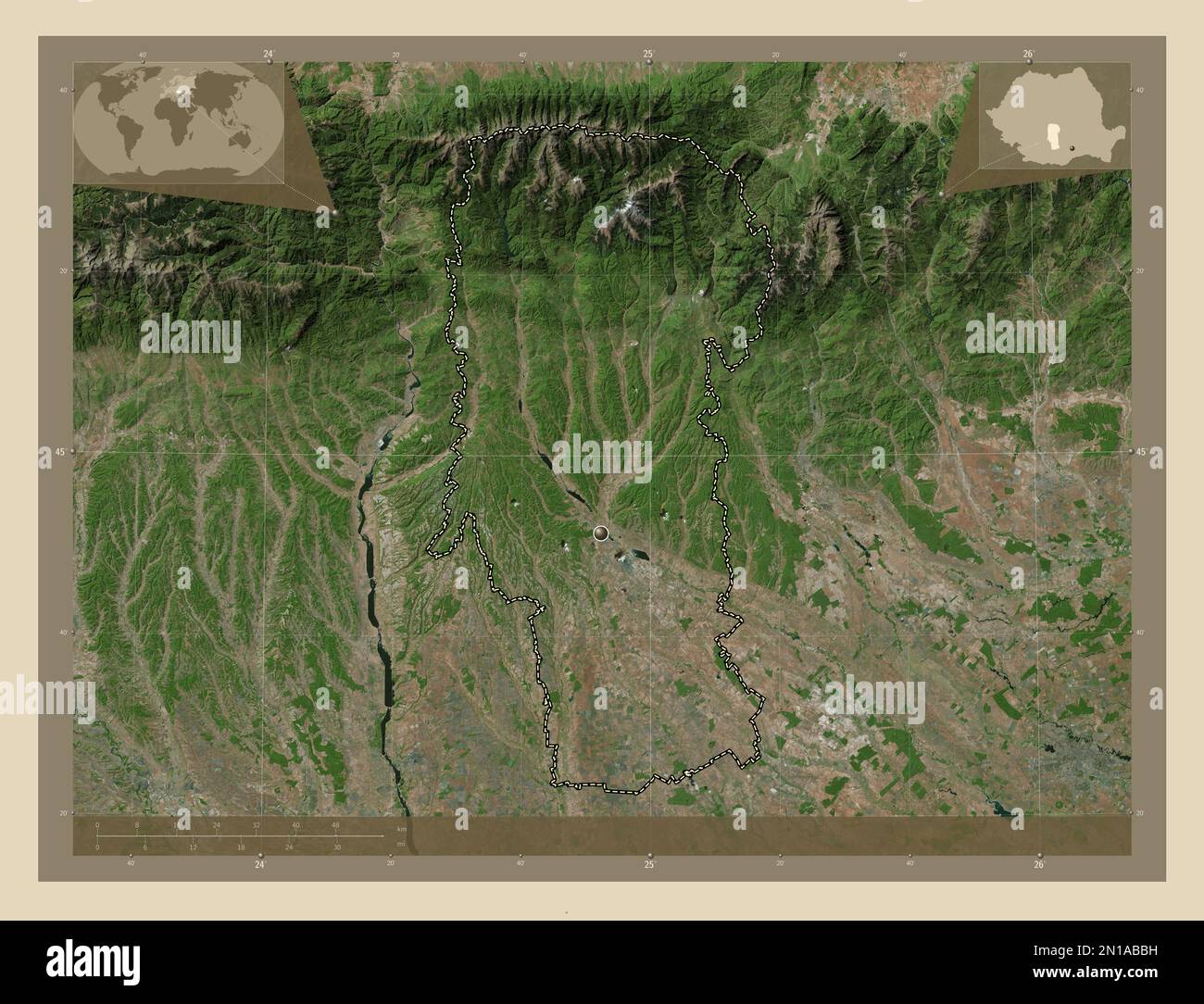 Arges, county of Romania. High resolution satellite map. Corner ...
