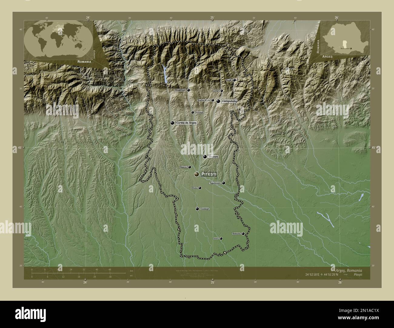Arges, county of Romania. Elevation map colored in wiki style with ...