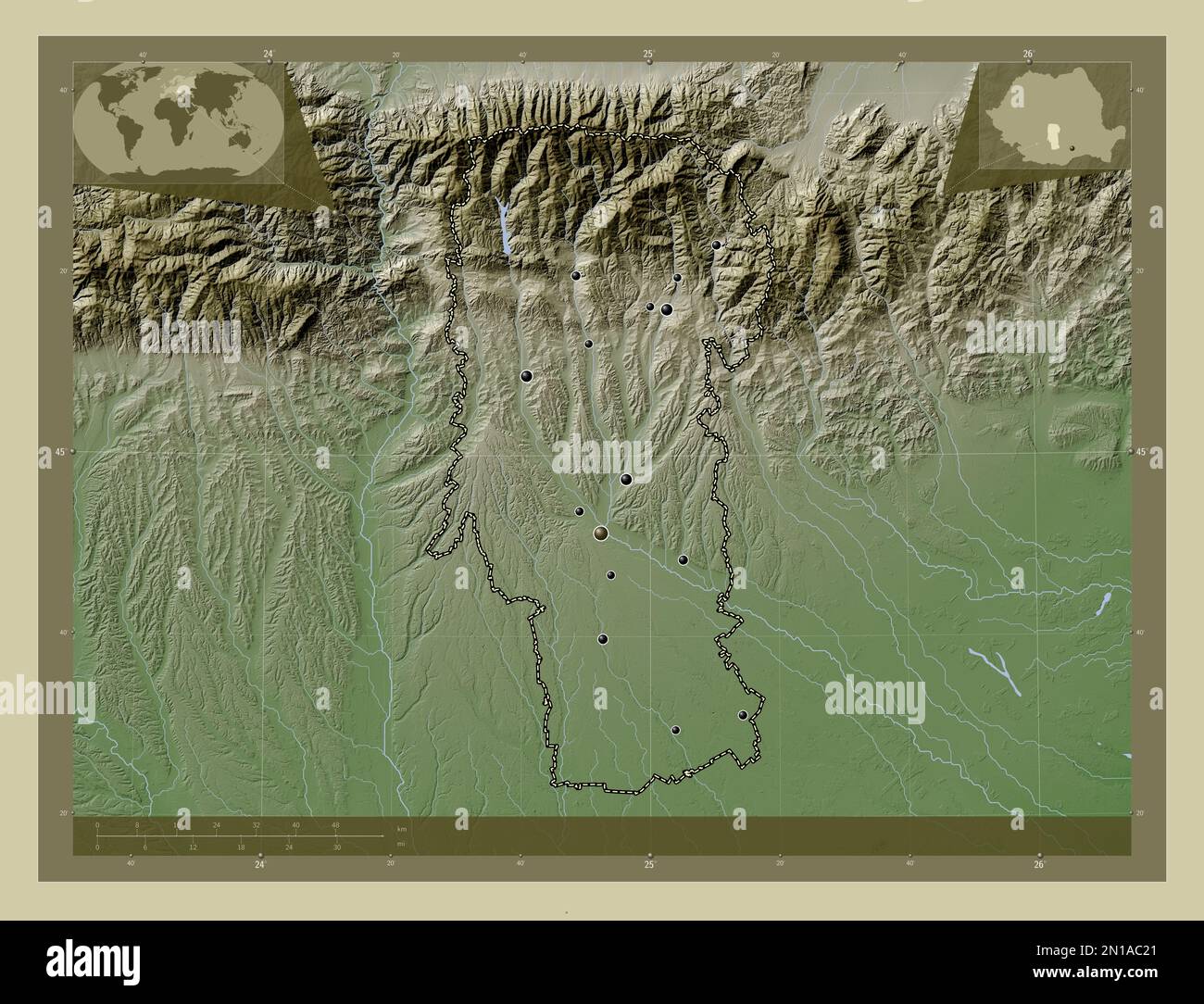 Arges, county of Romania. Elevation map colored in wiki style with ...