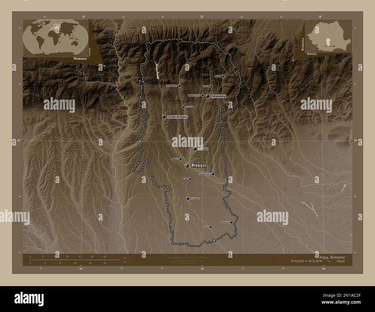 Arges, county of Romania. Elevation map colored in sepia tones with ...