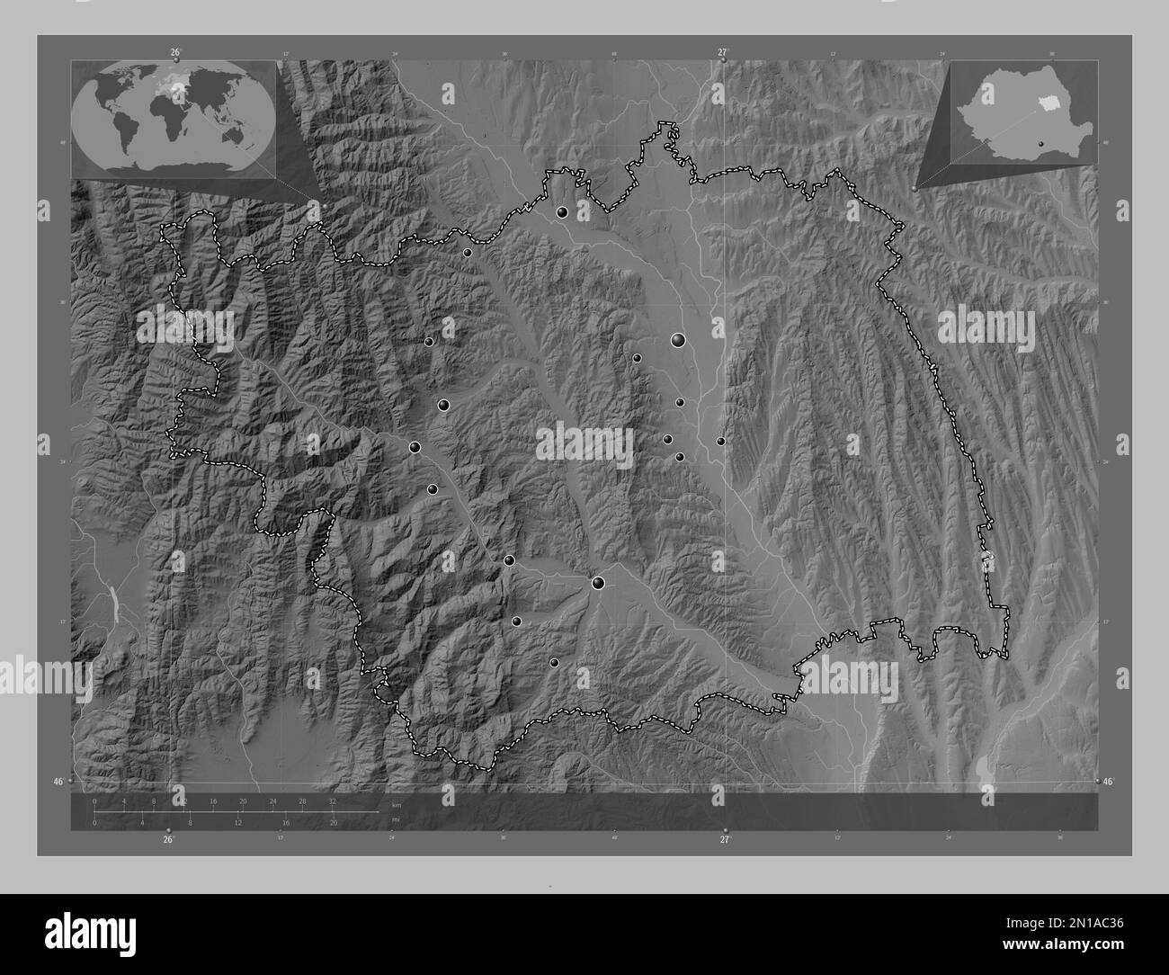 Bacau, county of Romania. Grayscale elevation map with lakes and rivers ...