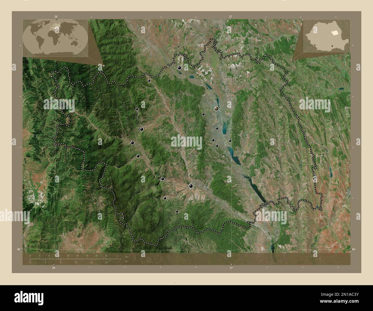 Bacau, county of Romania. High resolution satellite map. Locations of ...