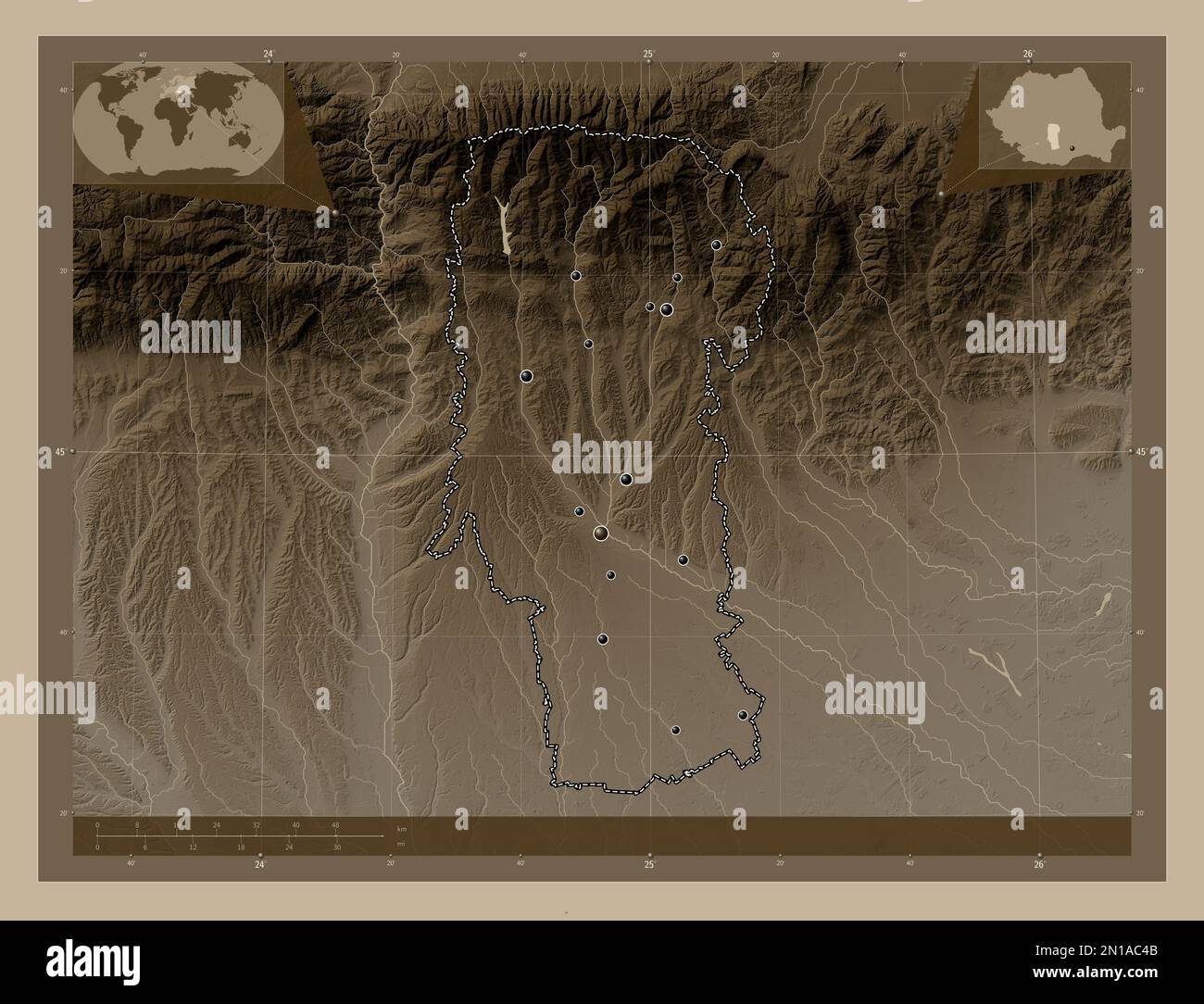 Arges, county of Romania. Elevation map colored in sepia tones with ...
