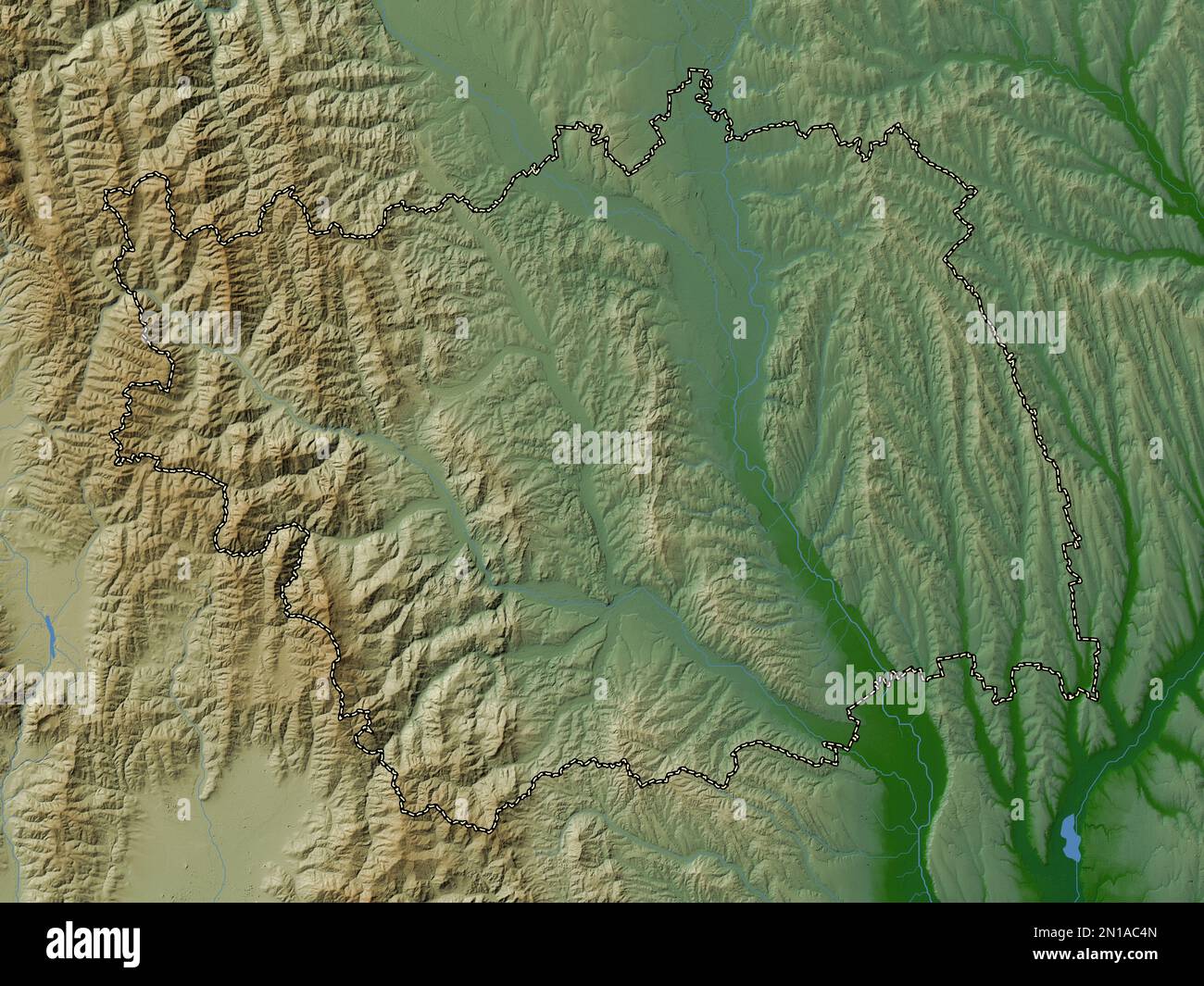 Bacau, county of Romania. Colored elevation map with lakes and rivers ...