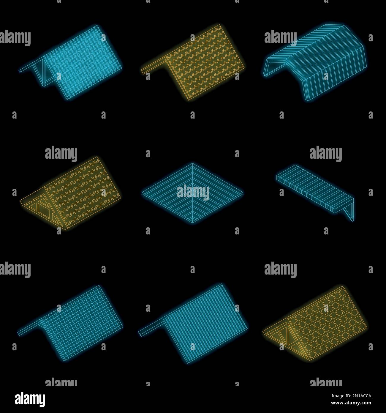 Roof icons set. Isometric set of roof vector icons neon on black isolated Stock Vector Image ...