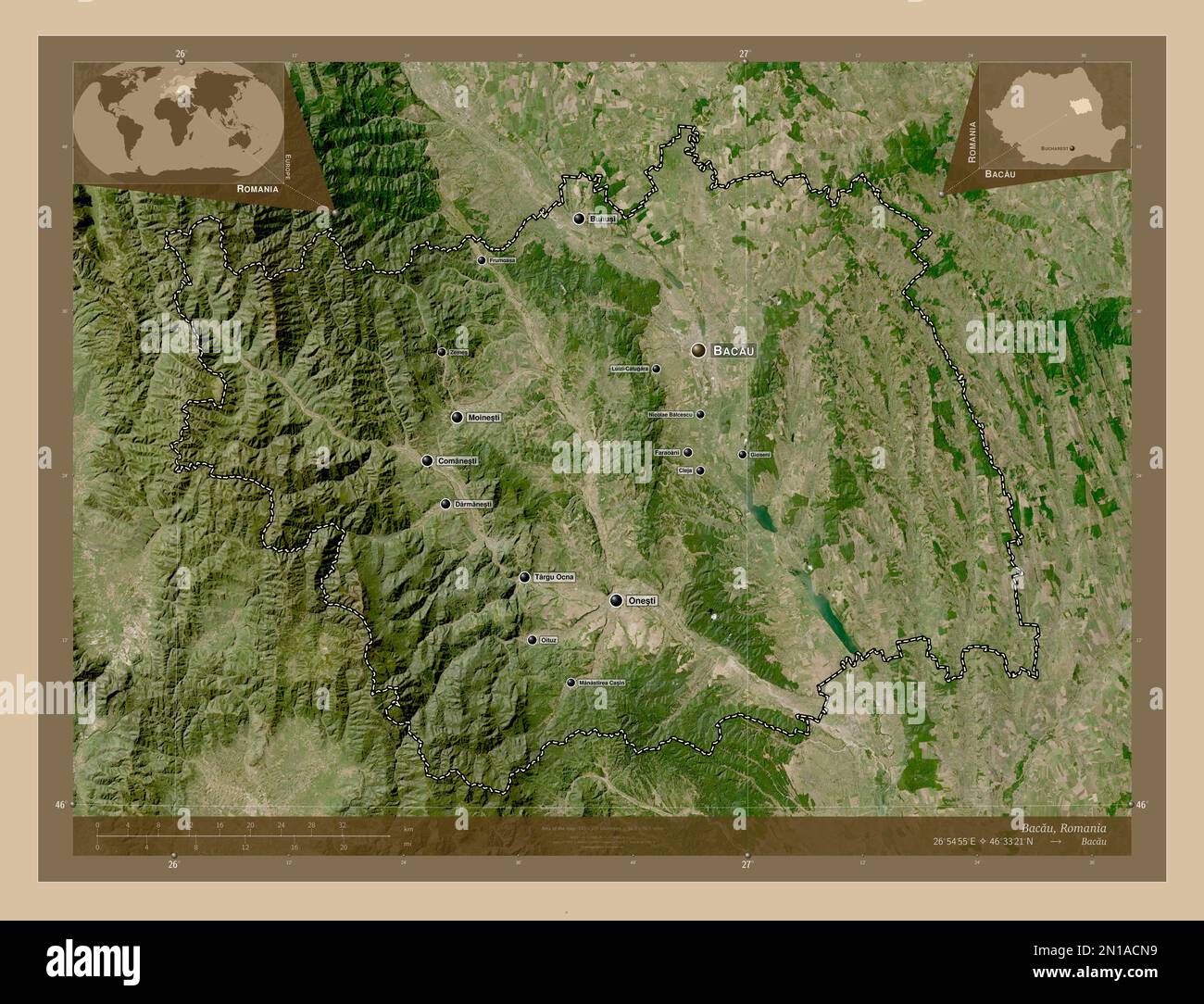 Bacau, county of Romania. Low resolution satellite map. Locations and ...