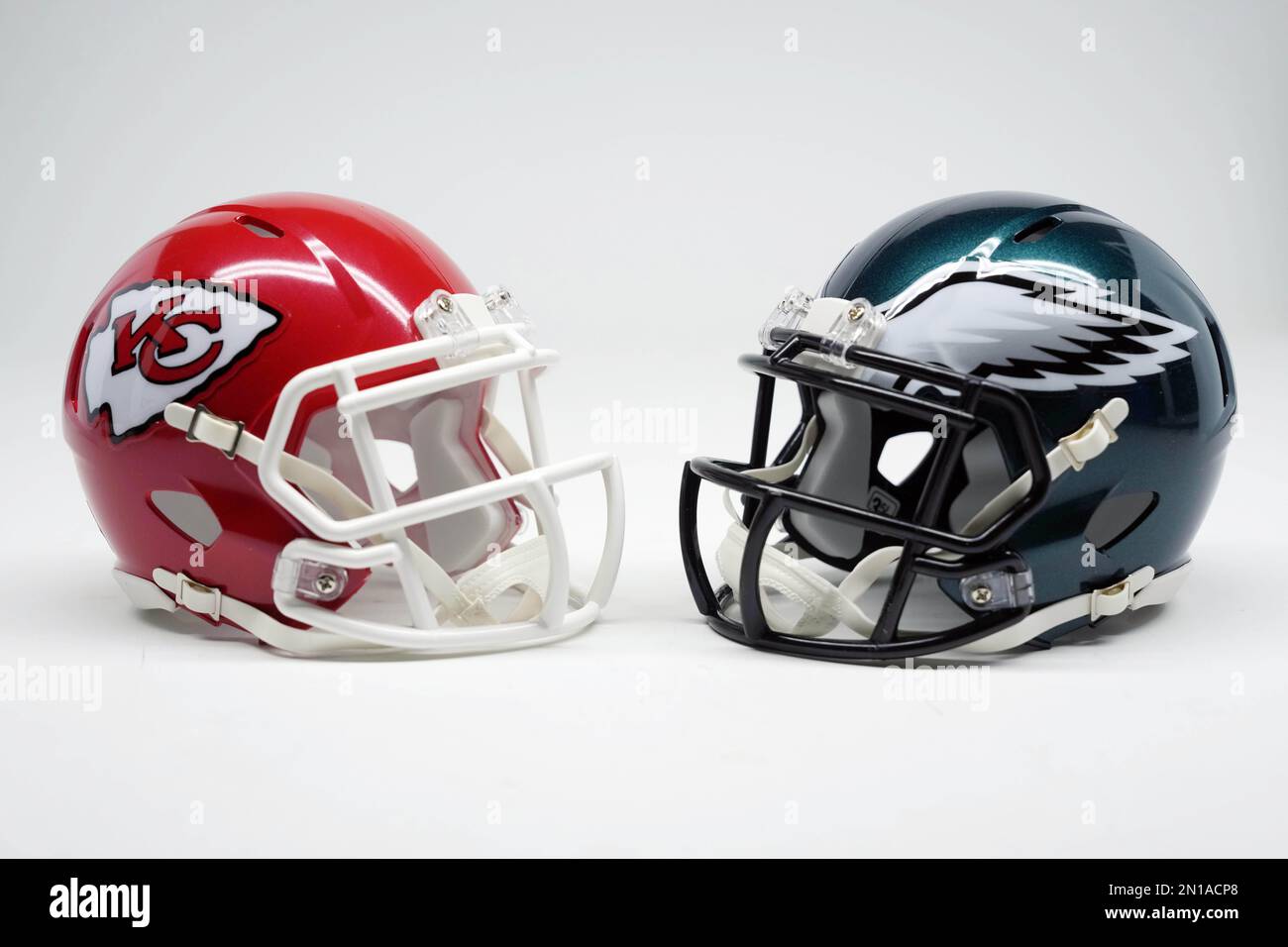 Kansas City Chiefs and Philadelphia Eagles helmets on Monday, Feb. 6 ...