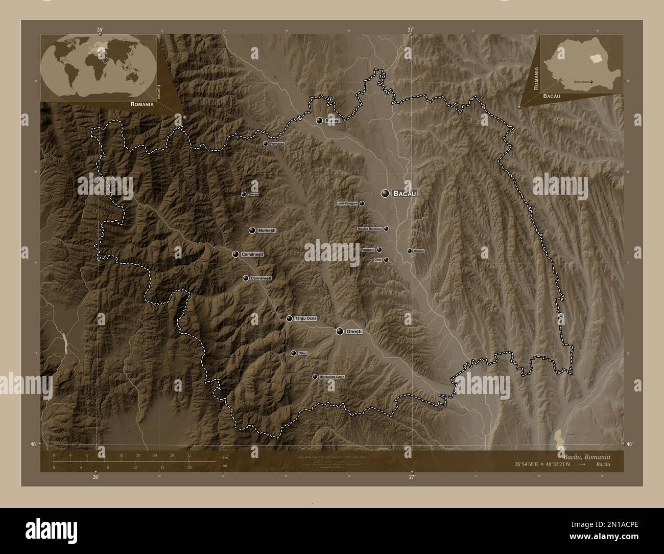 Bacau, county of Romania. Elevation map colored in sepia tones with ...