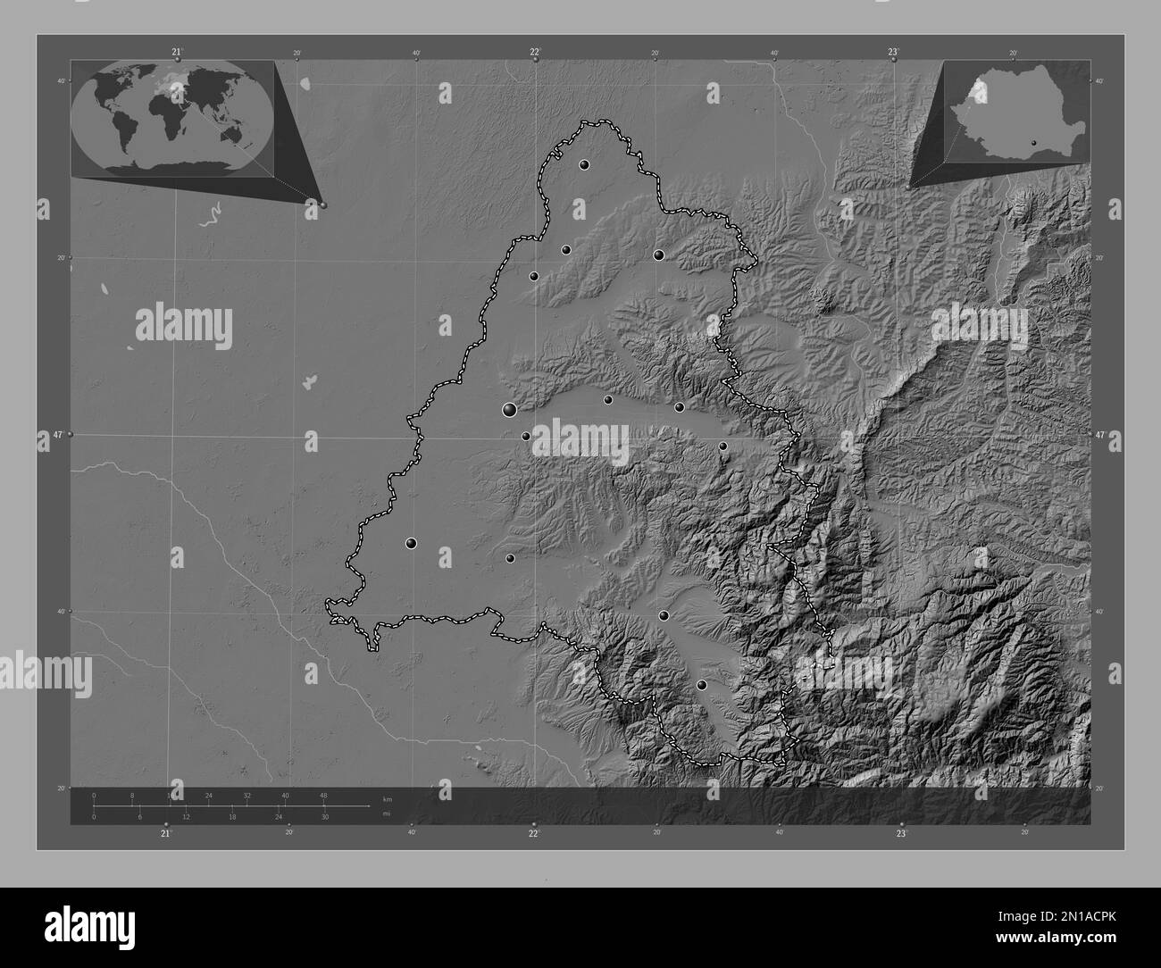 Bihor, county of Romania. Bilevel elevation map with lakes and rivers ...