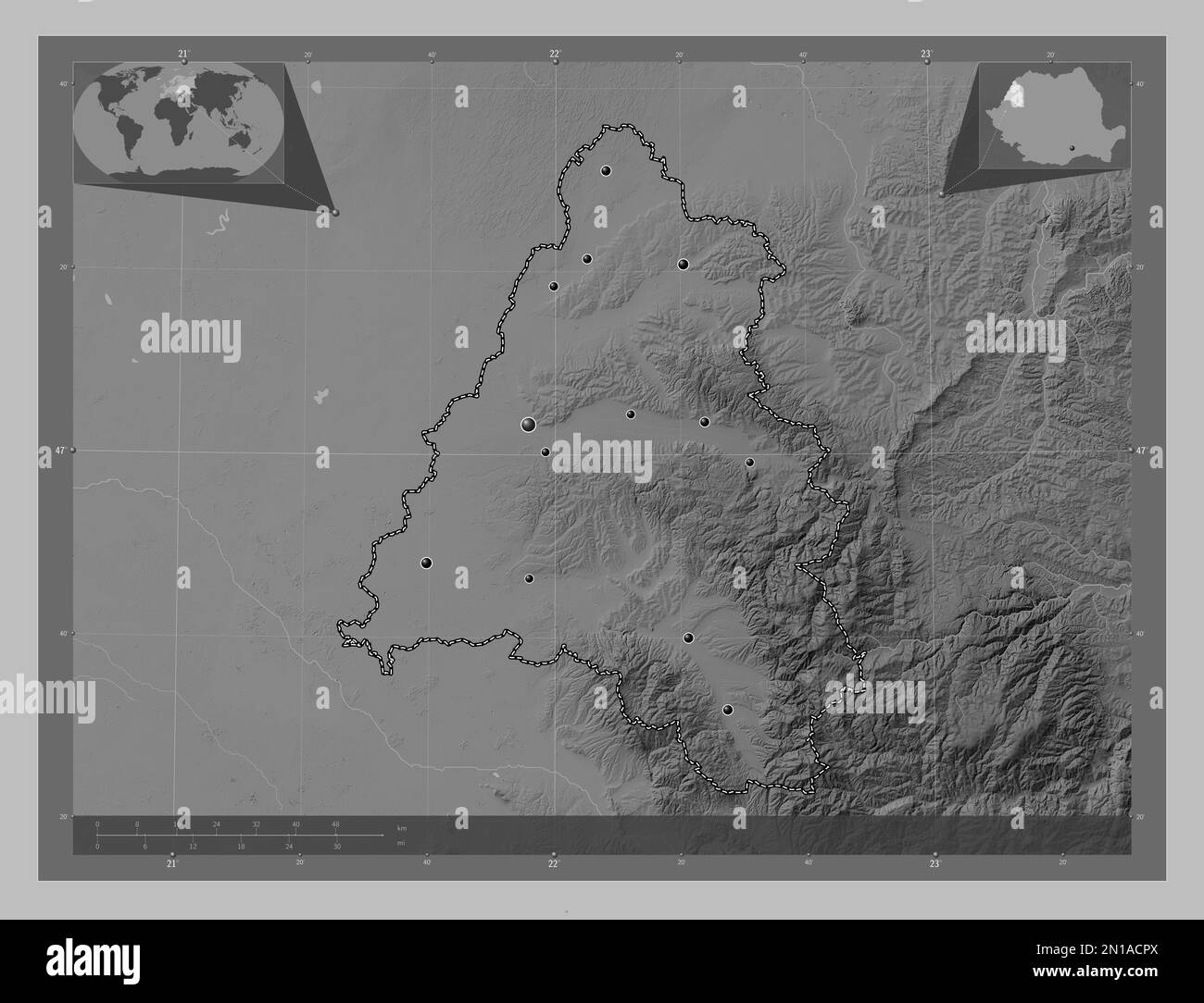 Bihor, county of Romania. Grayscale elevation map with lakes and rivers ...