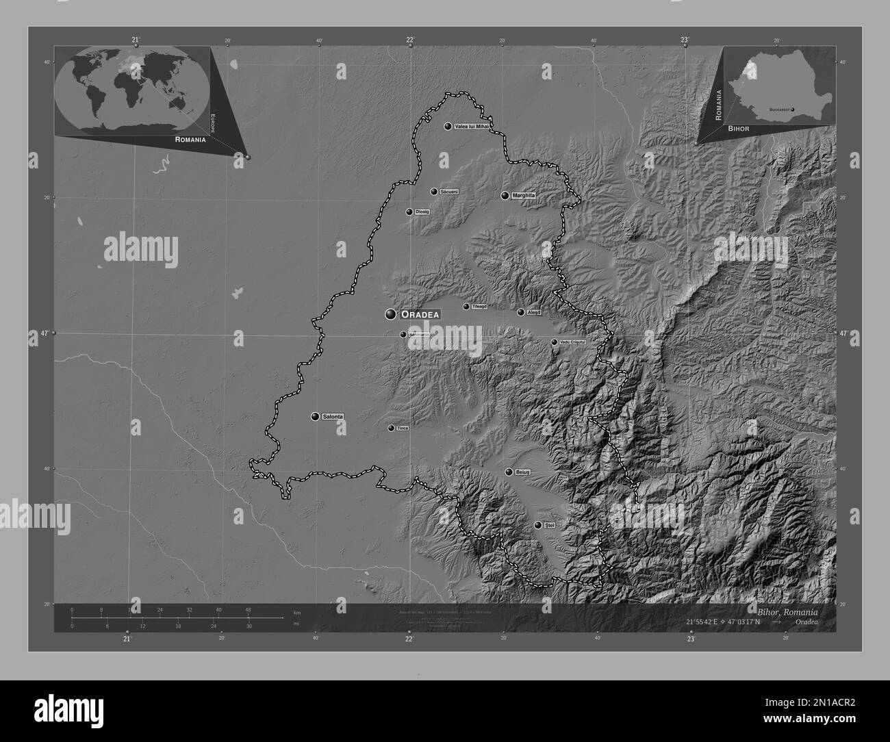 Bihor, county of Romania. Bilevel elevation map with lakes and rivers ...
