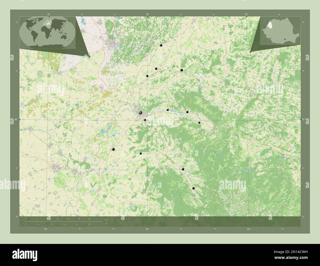 Bihor, county of Romania. Open Street Map. Locations of major cities of ...