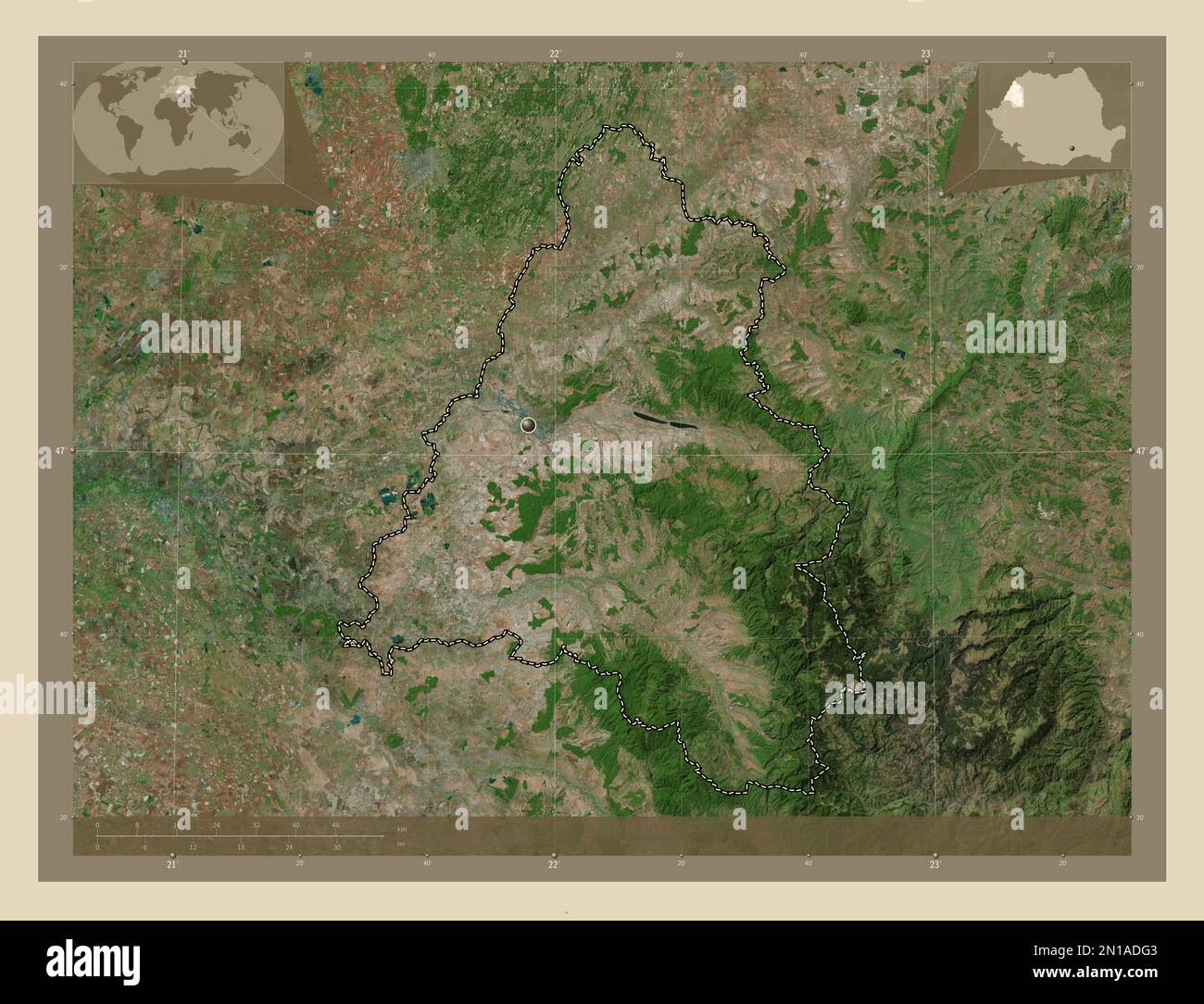 Bihor, county of Romania. High resolution satellite map. Corner ...