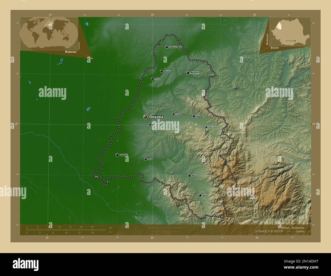 Bihor, county of Romania. Colored elevation map with lakes and rivers ...