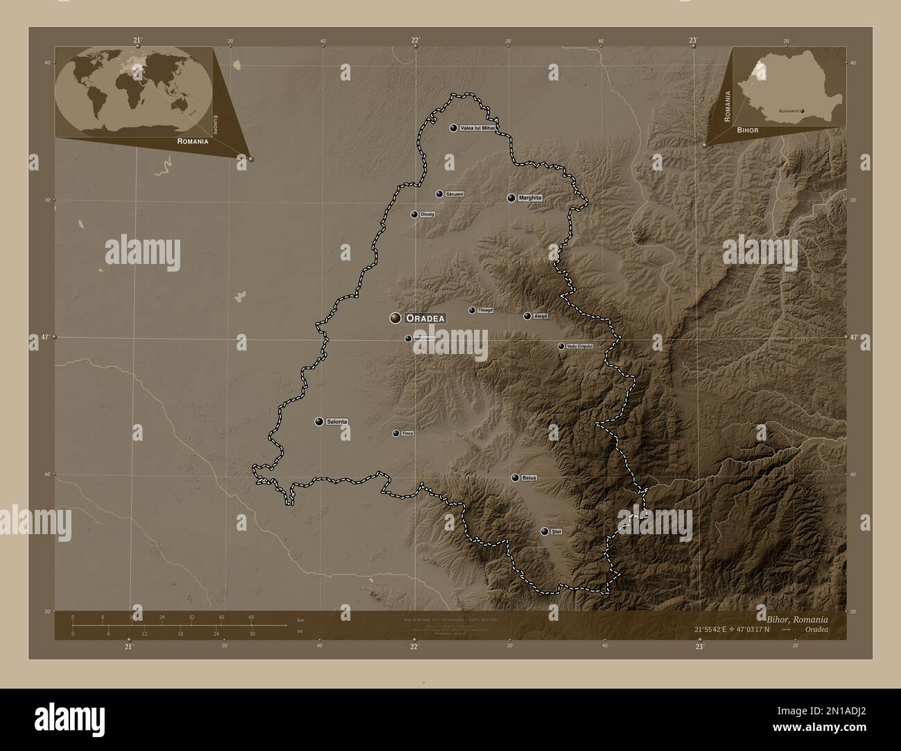 Bihor, county of Romania. Elevation map colored in sepia tones with ...