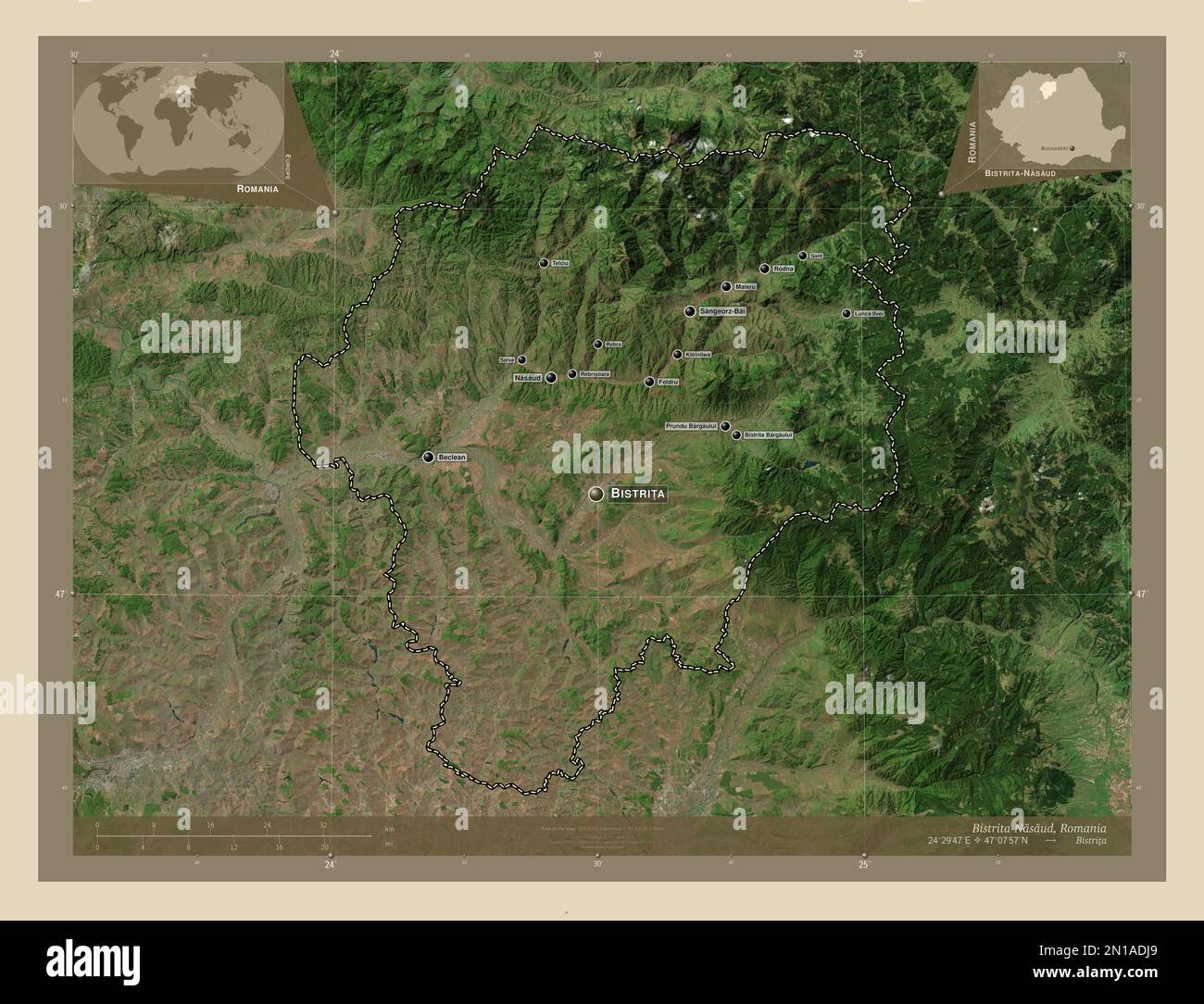 Bistrita-Nasaud, county of Romania. High resolution satellite map ...