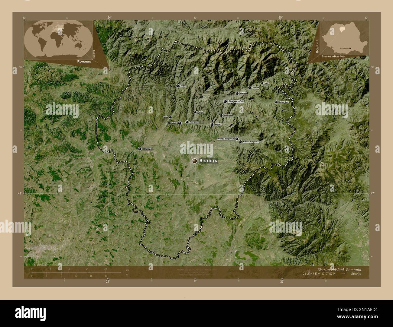 Bistrita-Nasaud, county of Romania. Low resolution satellite map ...