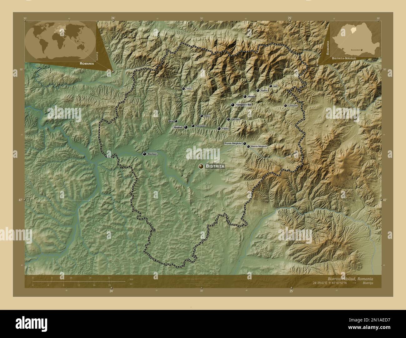 Bistrita-Nasaud, county of Romania. Colored elevation map with lakes ...