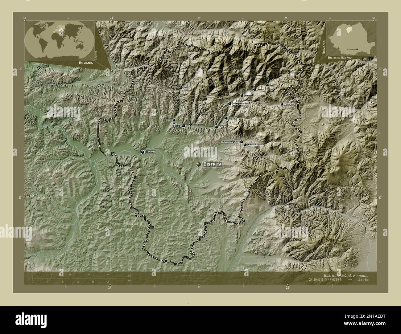 Bistrita-Nasaud, county of Romania. Elevation map colored in wiki style ...