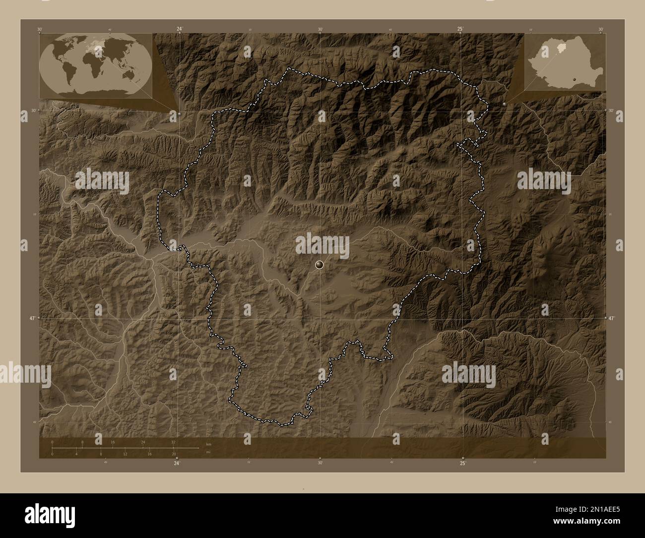 Bistrita-Nasaud, county of Romania. Elevation map colored in sepia ...