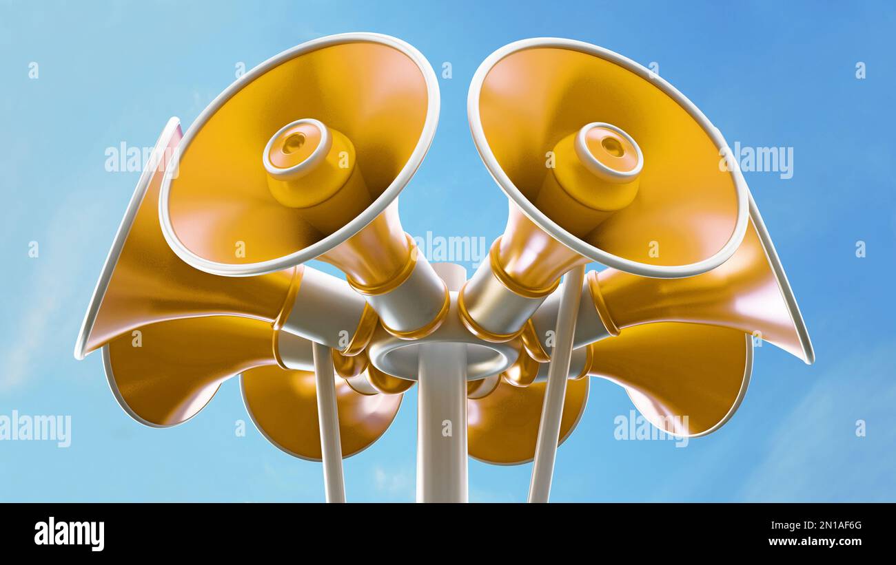Groups of yellow megaphones on blue sky background. 3D illustration. 3D ...