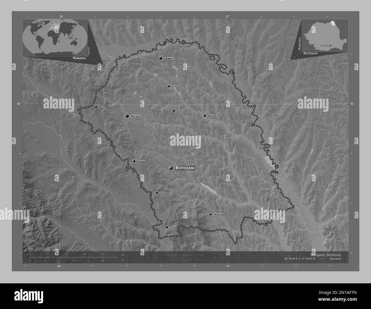 Botosani, county of Romania. Grayscale elevation map with lakes and ...