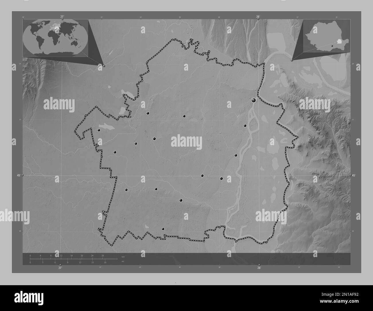 Braila, county of Romania. Grayscale elevation map with lakes and ...