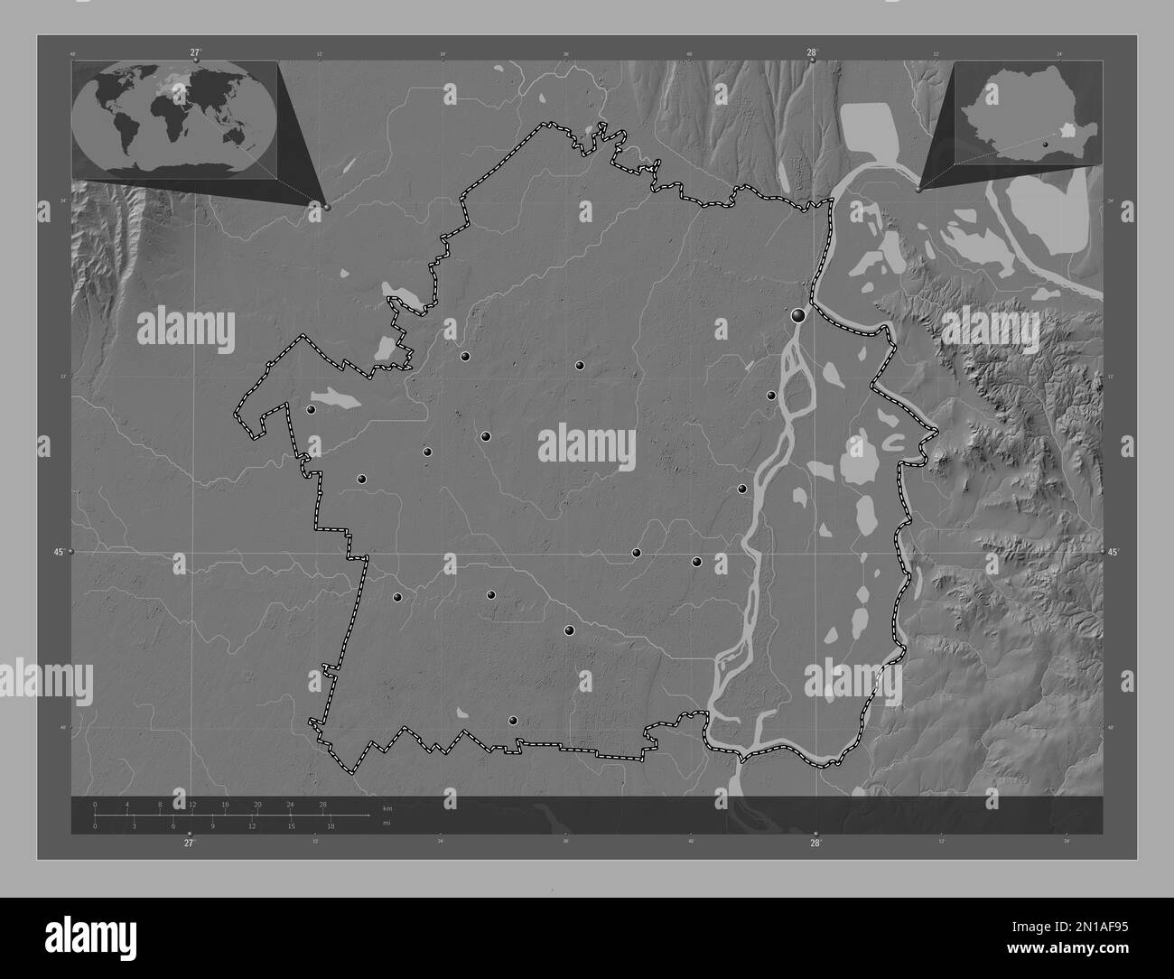 Braila, county of Romania. Bilevel elevation map with lakes and rivers ...