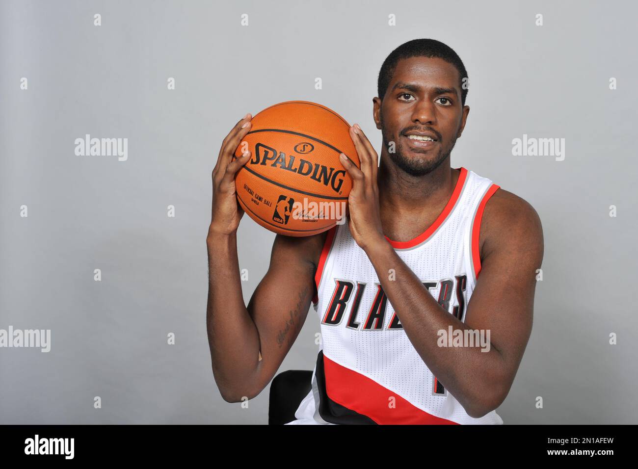 Portland Trail Blazers' Omari Johnson during the NBA basketball team's media day, in Portland ...