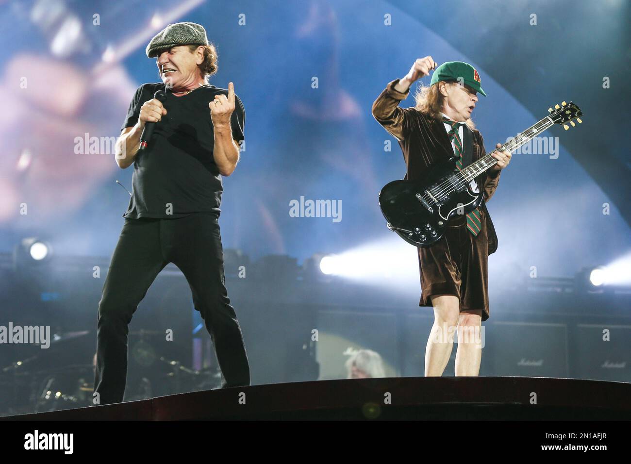 Brian Johnson, left, and Angus Young of AC/DC perform during the final ...