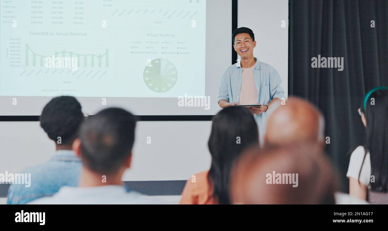 Presentation, question and asian businessman in digital marketing, data ...