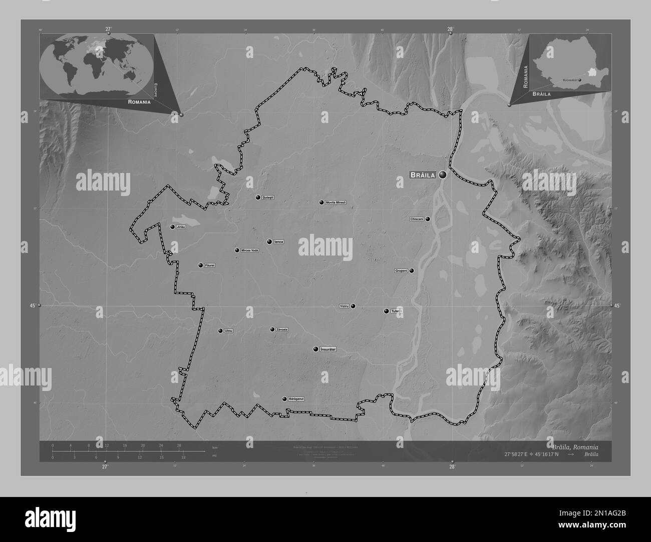 Braila, county of Romania. Grayscale elevation map with lakes and ...