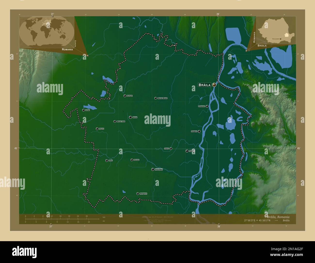 Braila, county of Romania. Colored elevation map with lakes and rivers ...
