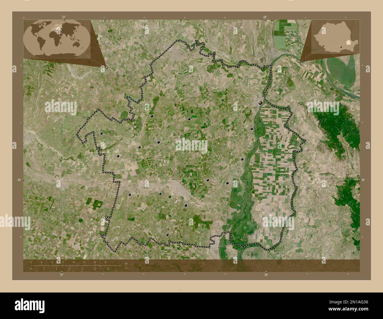 Braila, county of Romania. Low resolution satellite map. Locations of ...