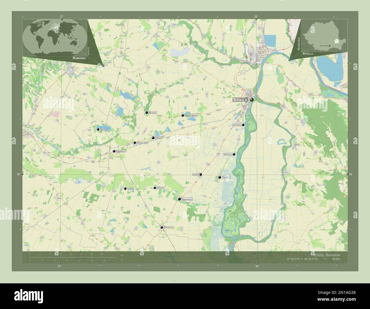 Braila, county of Romania. Open Street Map. Locations and names of ...