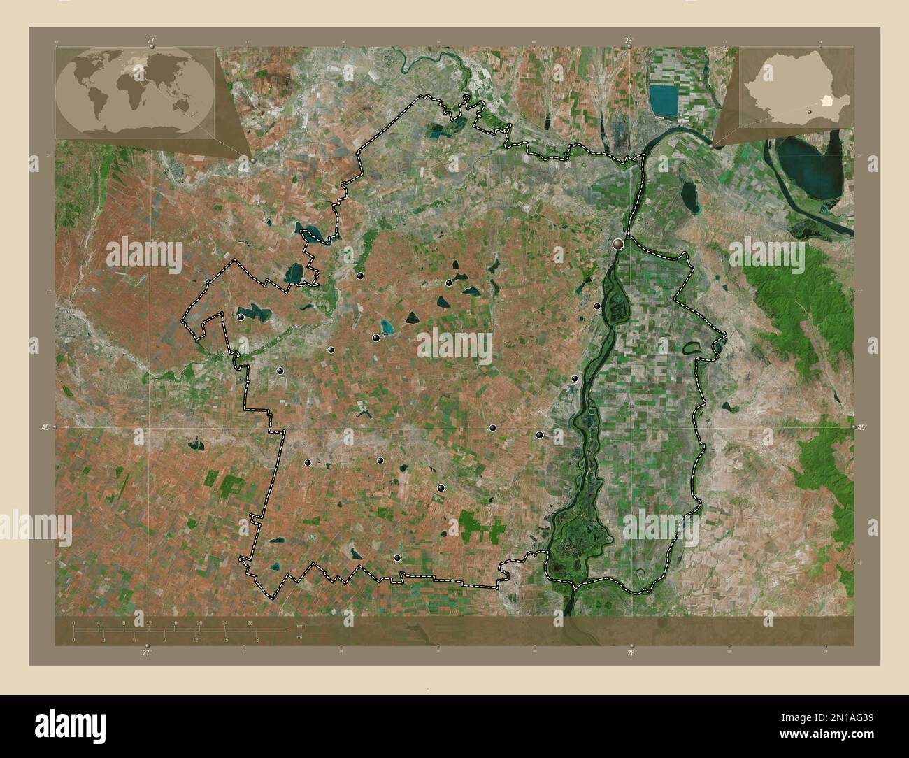 Braila, county of Romania. High resolution satellite map. Locations of ...