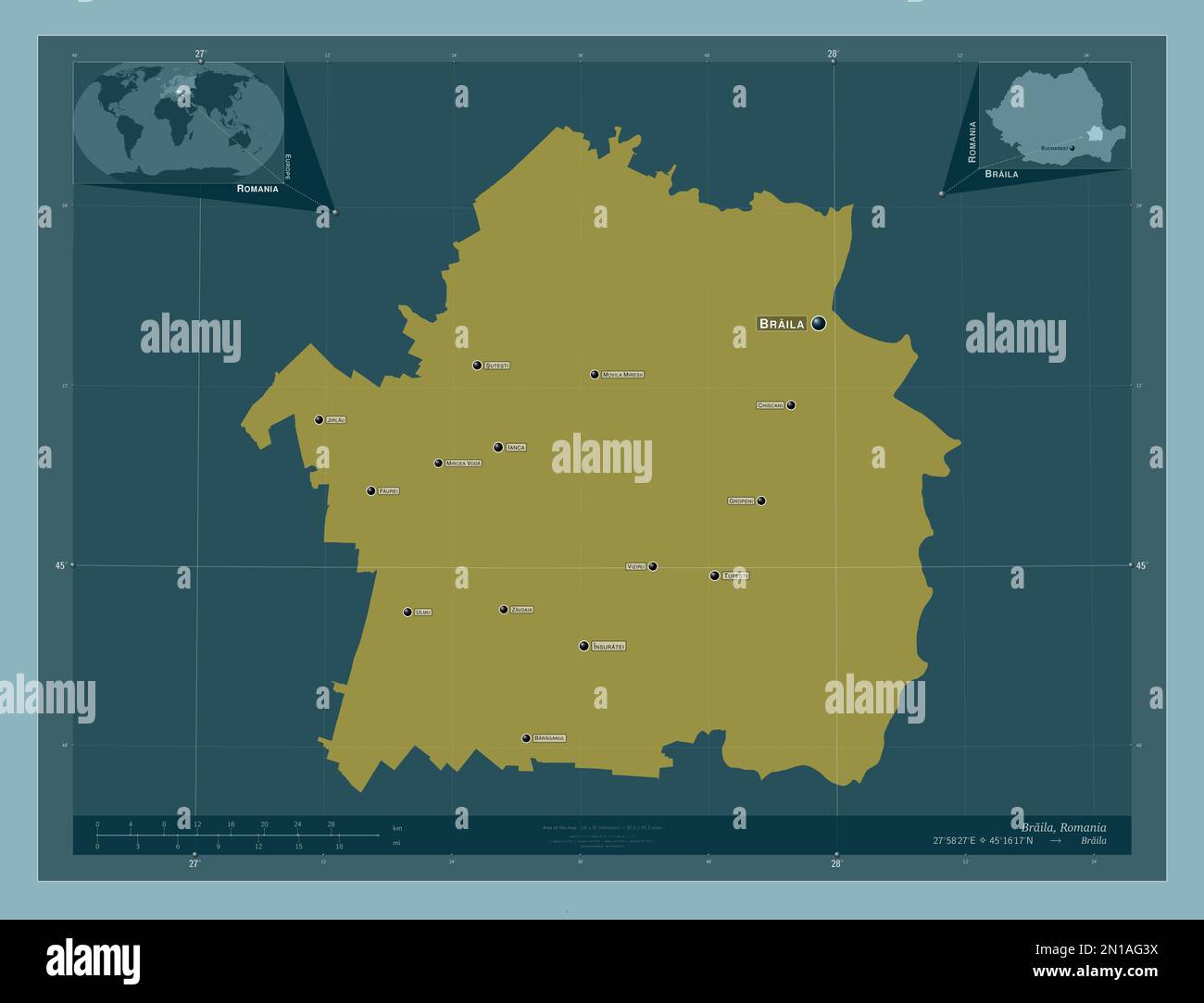 Braila, county of Romania. Solid color shape. Locations and names of ...