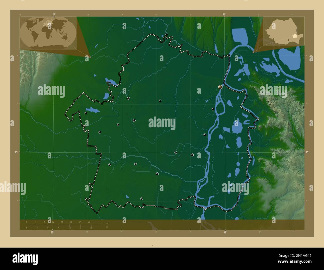 Braila, county of Romania. Colored elevation map with lakes and rivers ...